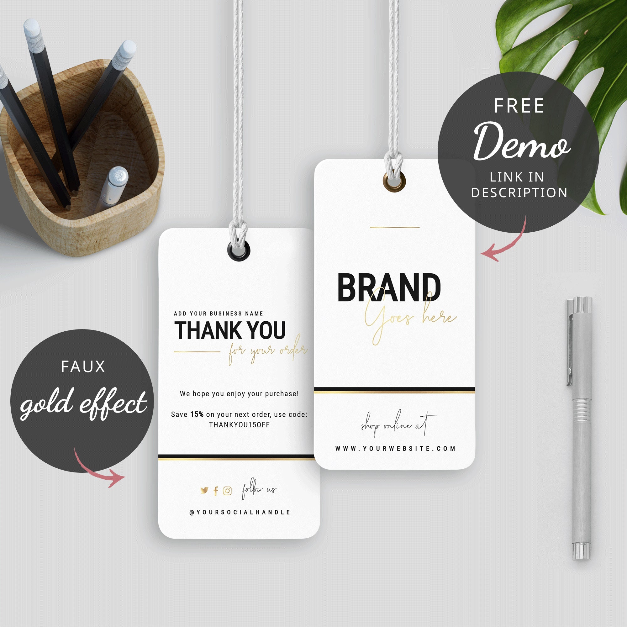 Faux Gold Hang Tag Template, Editable Metallic Effect Swing Tag, Thank ...