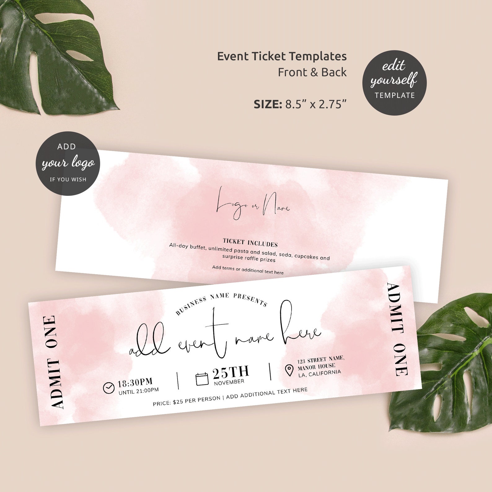 Editable Ticket Template Blush Pink Watercolor, Printable Event Entry ...