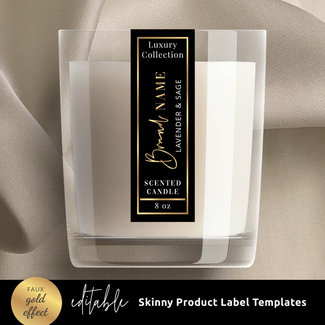Faux Gold Vertical Jar Label Templates: Modern Candle Skinny Rectangle ...