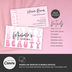 Retro Pink Business Card Template, Custom Lashes Calling Cards Trendy ...