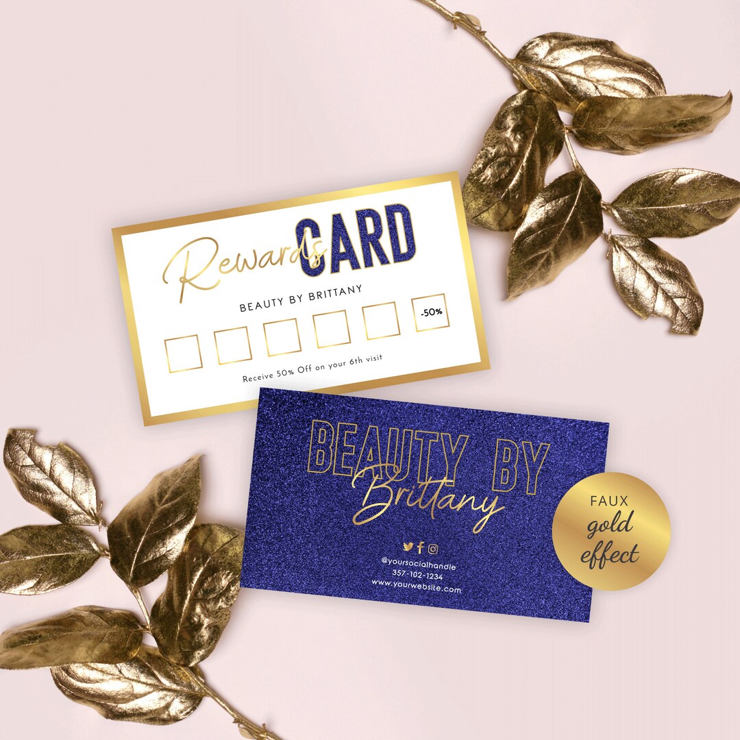 Blue & Gold Loyalty Card Template Printable PMU Rewards Card - Etsy