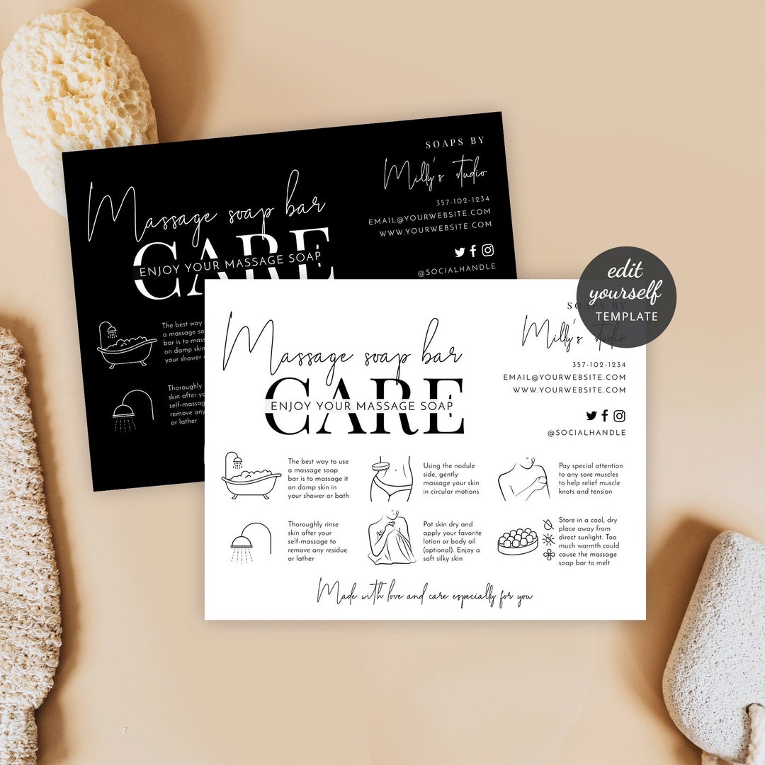 Massage Soap Care Guide Template, Custom Massage Bar Soap Care Cards ...