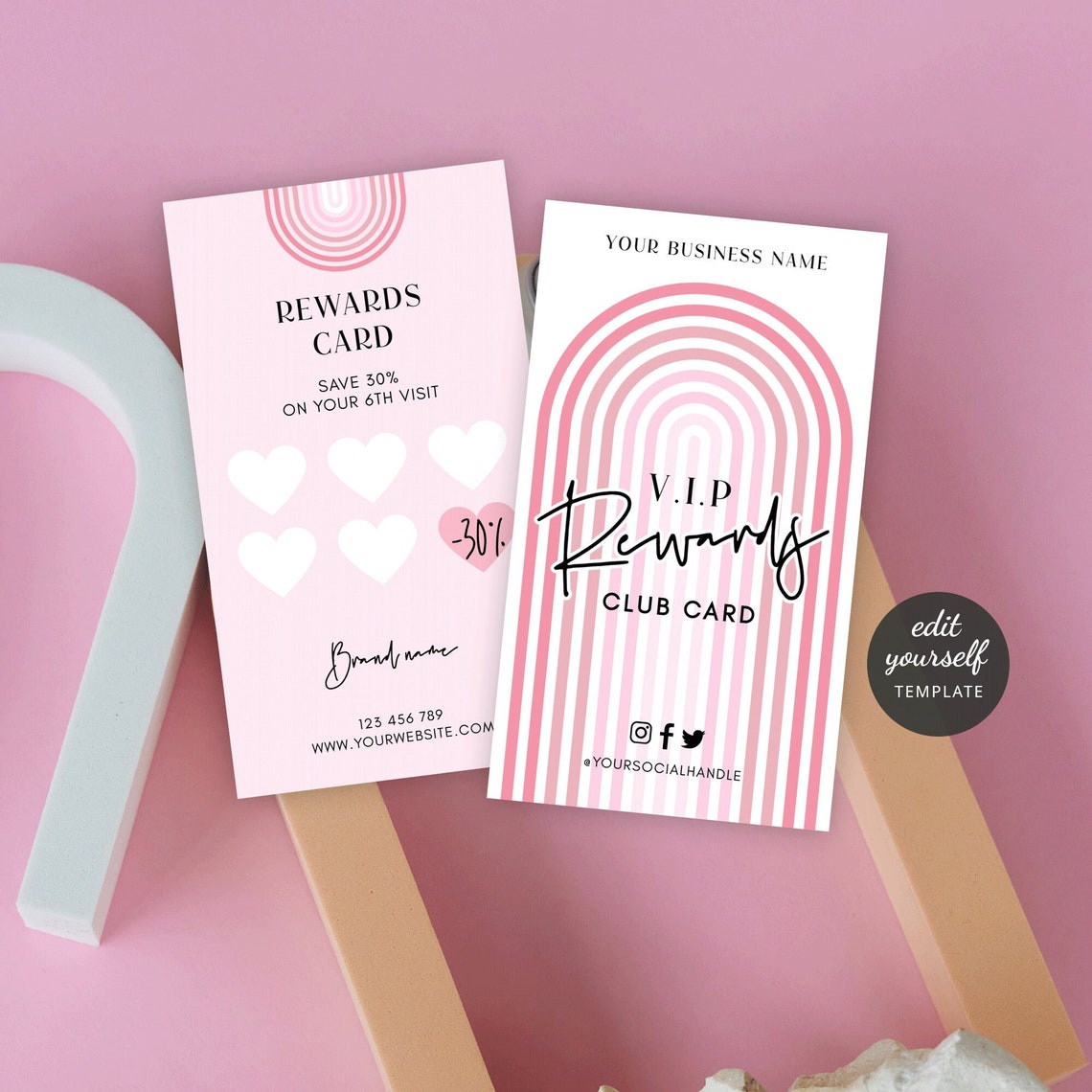 Retro Pink Salon Loyalty Card Template, Editable Trendy Arch Design ...