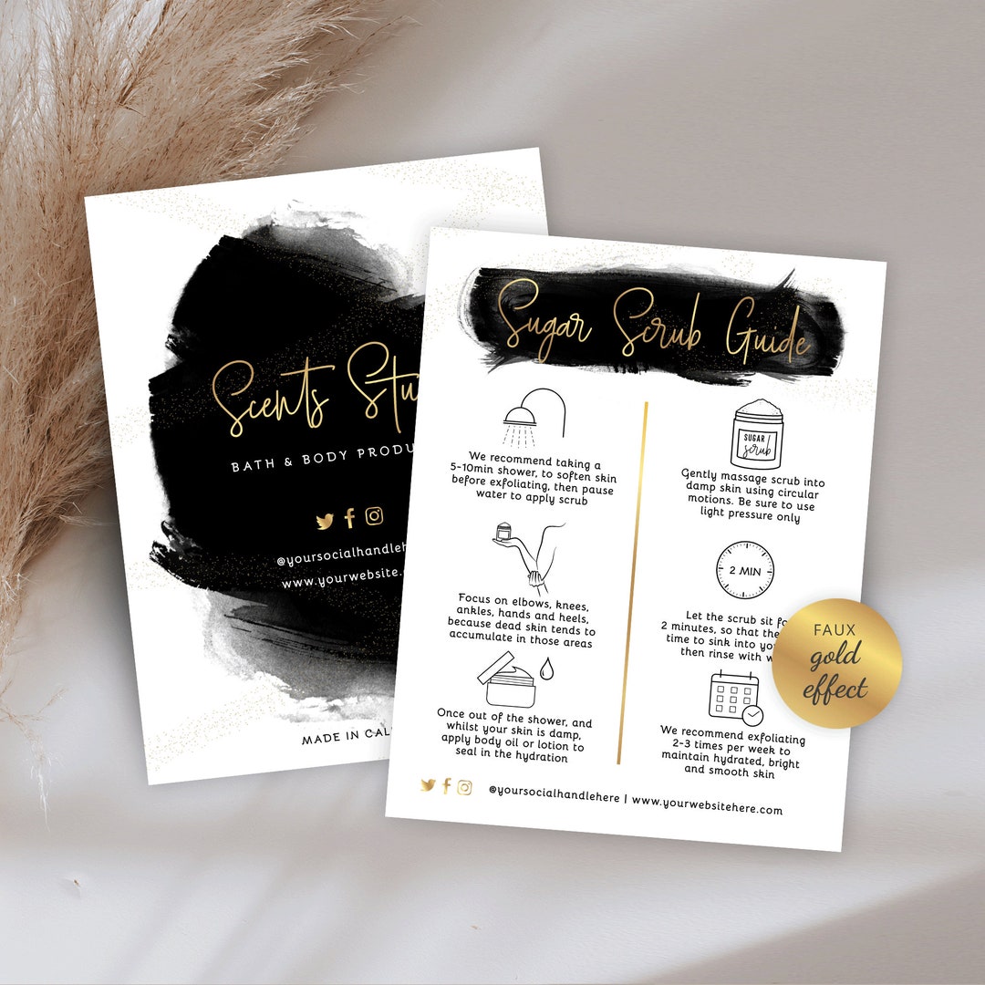 Sugar Scrub Instructions Template, Black & Gold Body Exfoliator Care ...