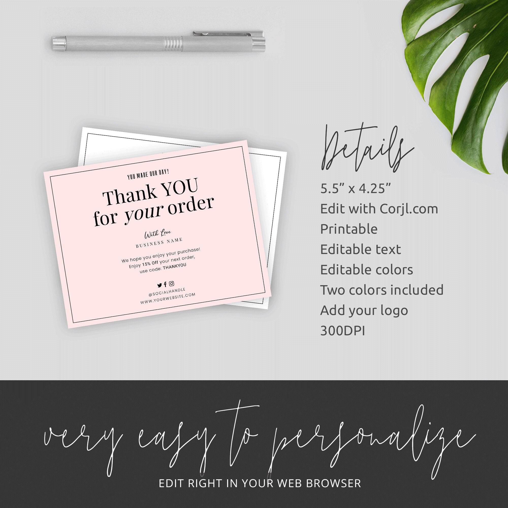Editable Thank You for Order Card Template Simple Business - Etsy