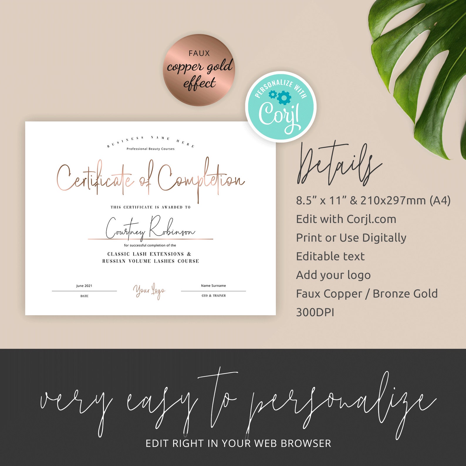 Rose Gold Certificate of Completion Template Custom Beauty | Etsy