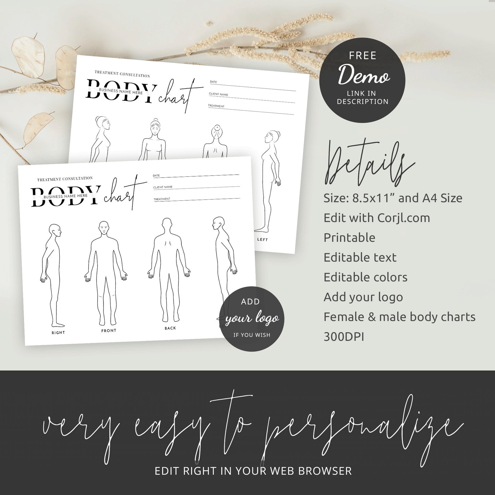 Body Chart Template, Custom Female & Male Body Diagram for Aesthetician ...