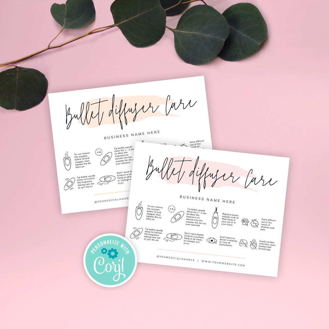 Hanging Diffuser Care Template, Custom Bullet Diffuser Care Cards ...