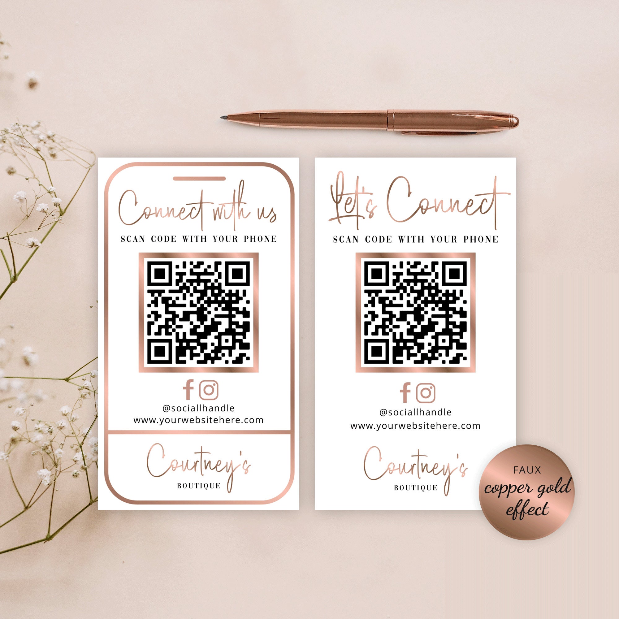 Rose Gold QR Code Business Cards Template Customizable Social - Etsy