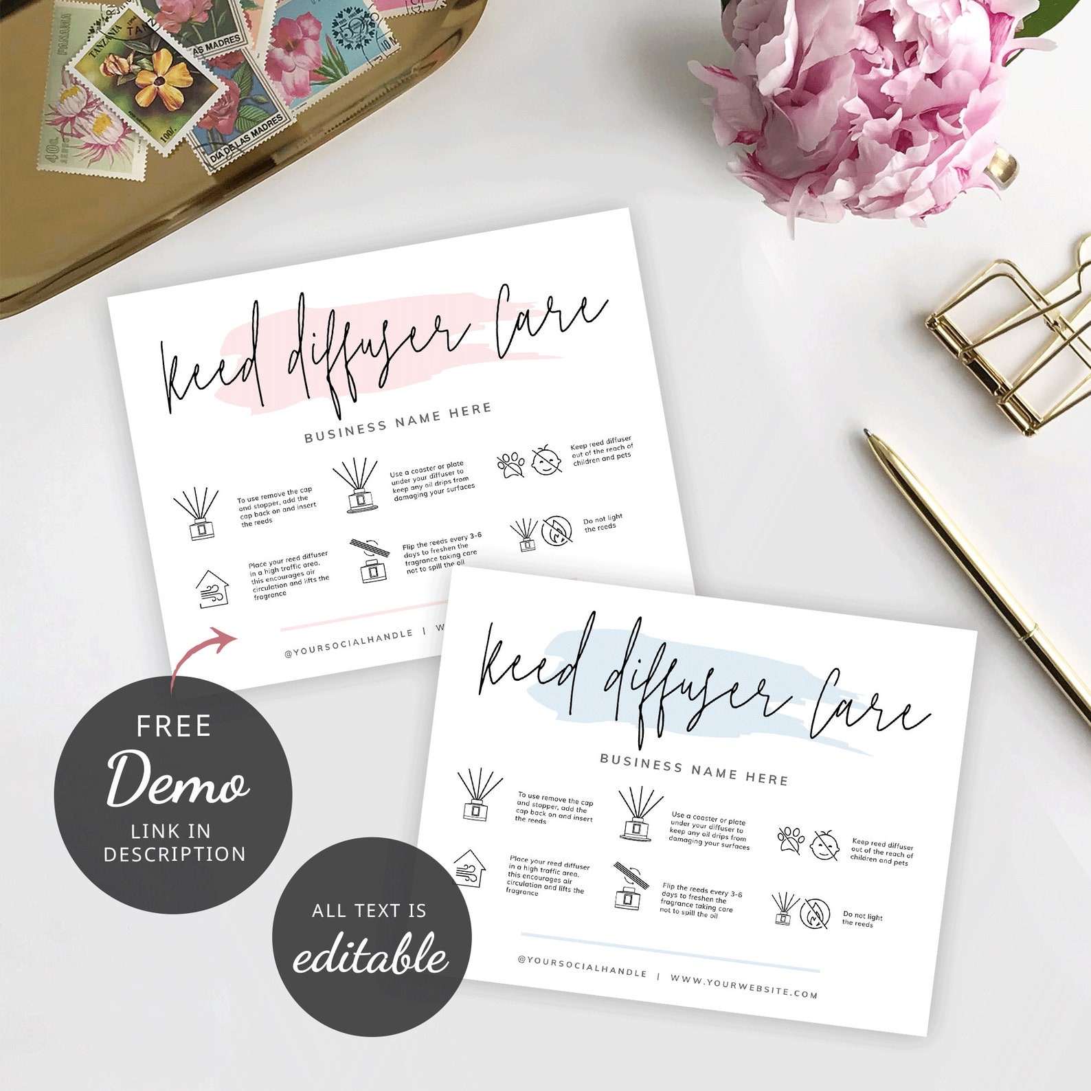 Reed Diffuser Care Guide Template, Custom Room Diffuser Care Cards ...