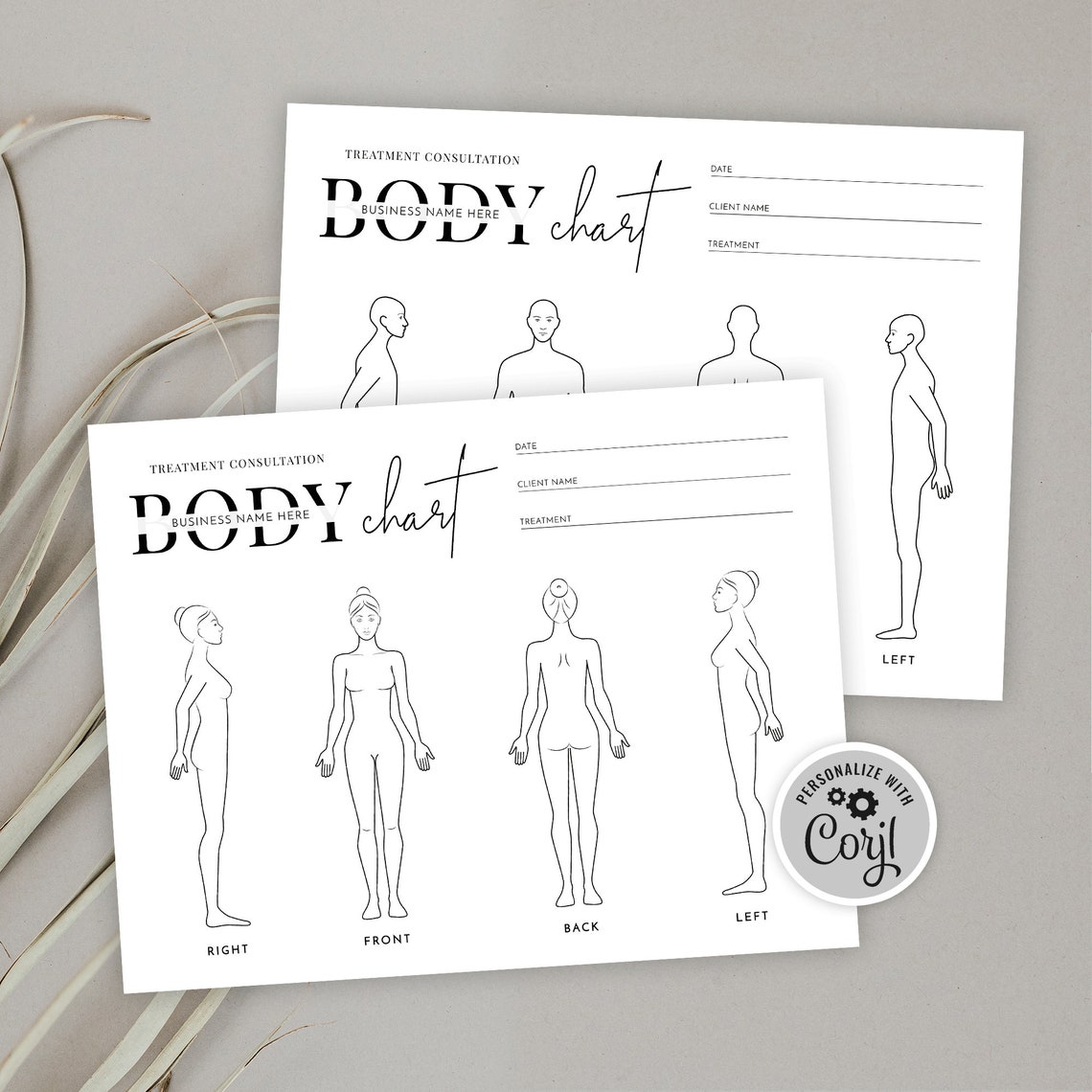 Body Chart Template, Custom Female & Male Body Diagram for Aesthetician ...