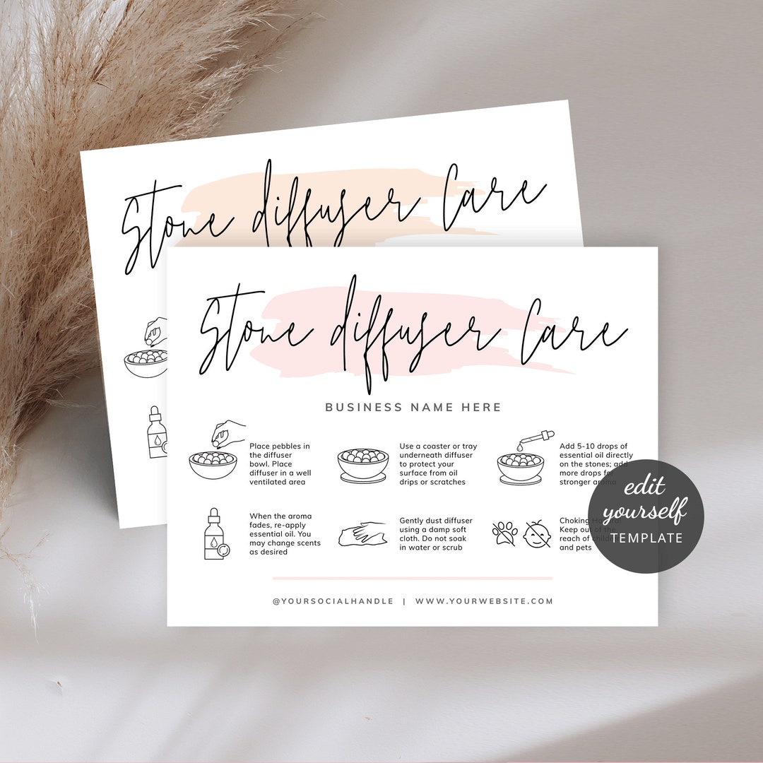 Stone Diffuser Care Card Template, Essential Oil Pebble Diffuser Care ...