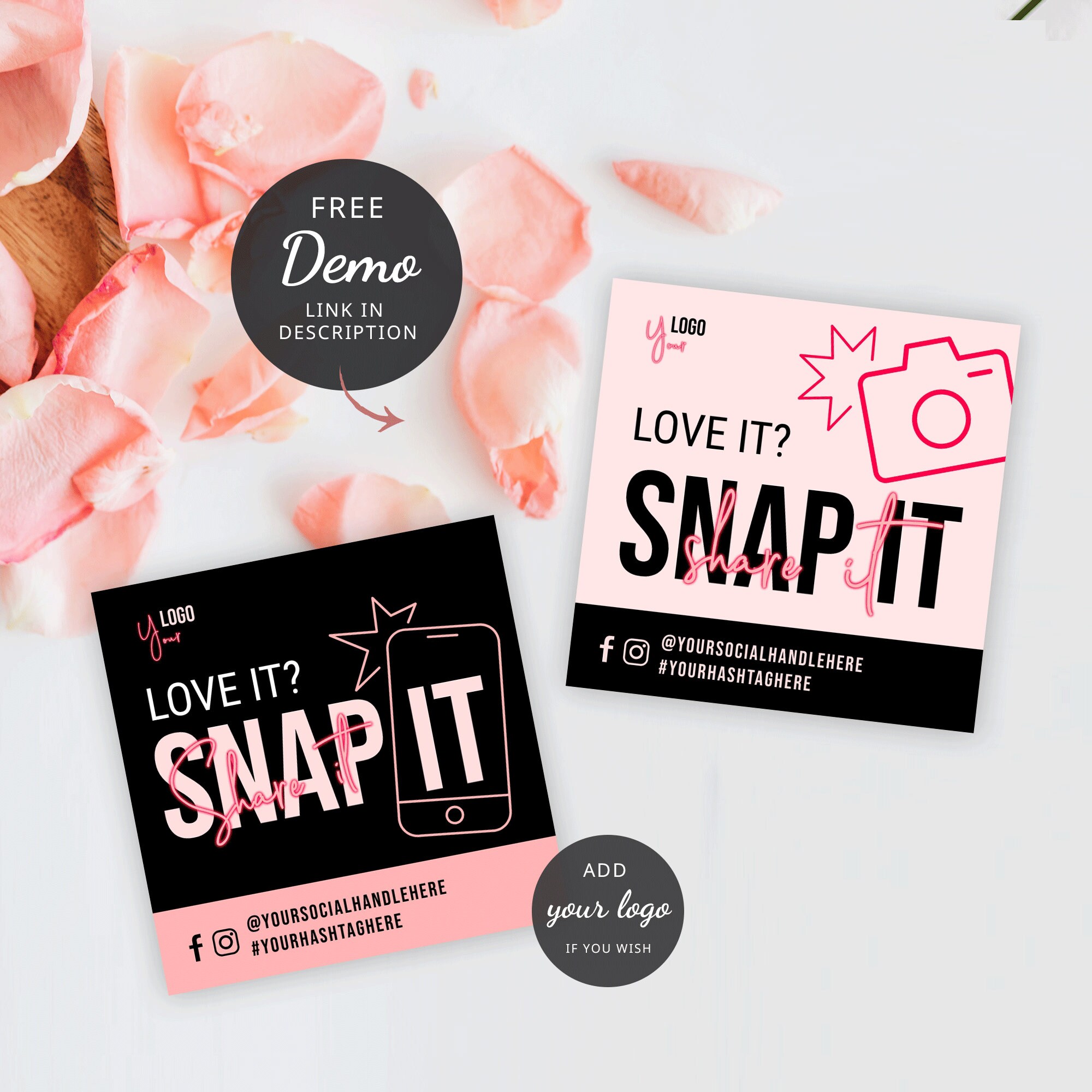 Snap and Share Card Template, Pink Neon Tag Us on Social Media Insert ...