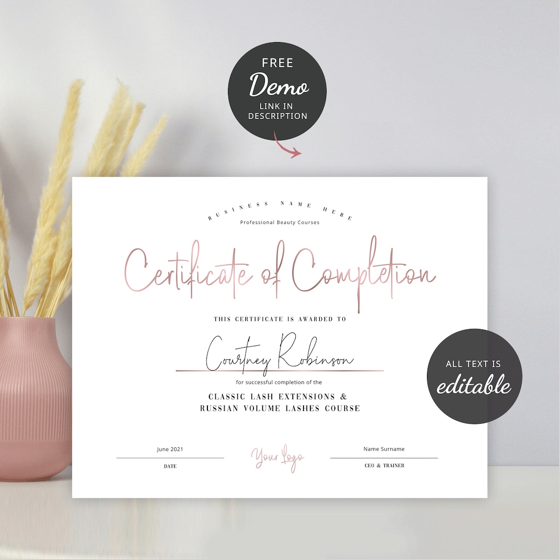 Rose Gold Completion Certificate Template Customizable - Etsy