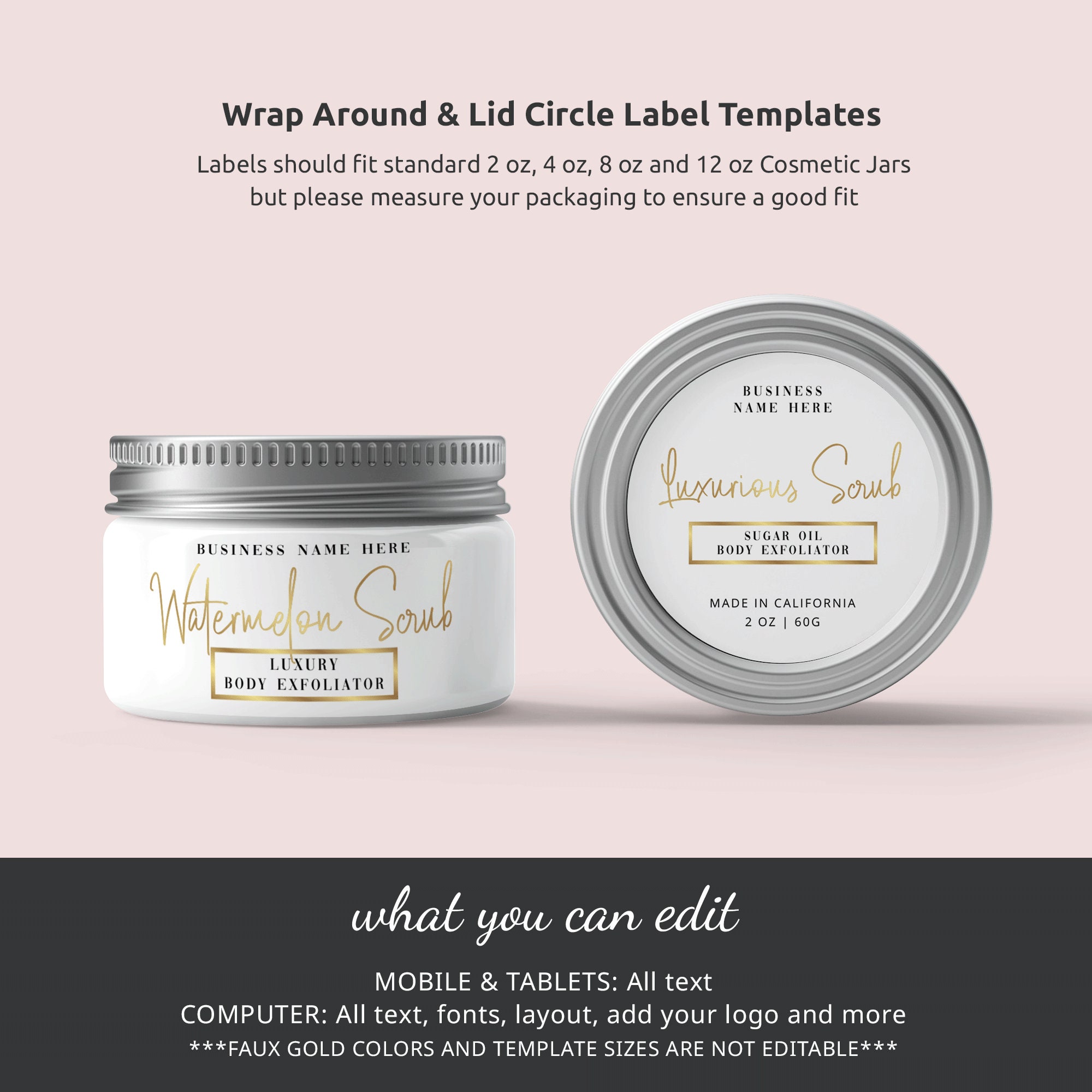 Custom Jar Wrap Around Labels, Faux Gold Cosmetics Tub Label Template ...