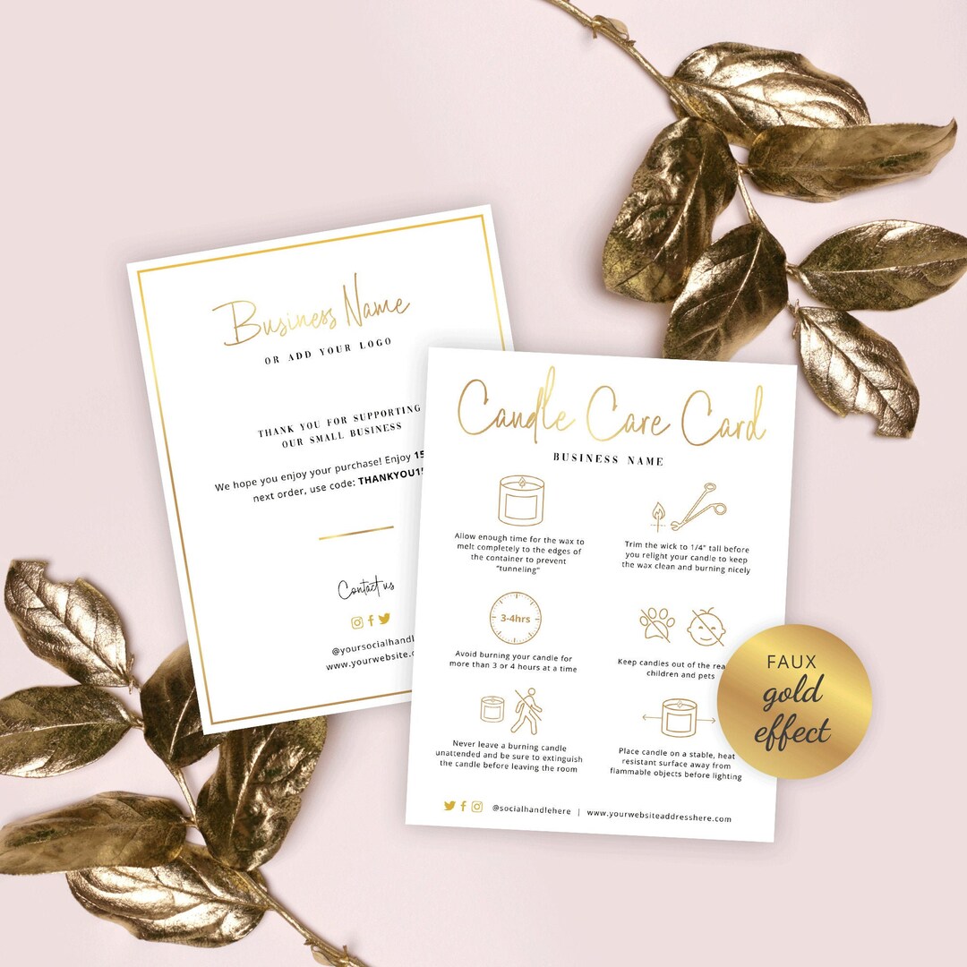 Candle Care Card Template, Faux Gold Candle Care Guide, Customizable ...