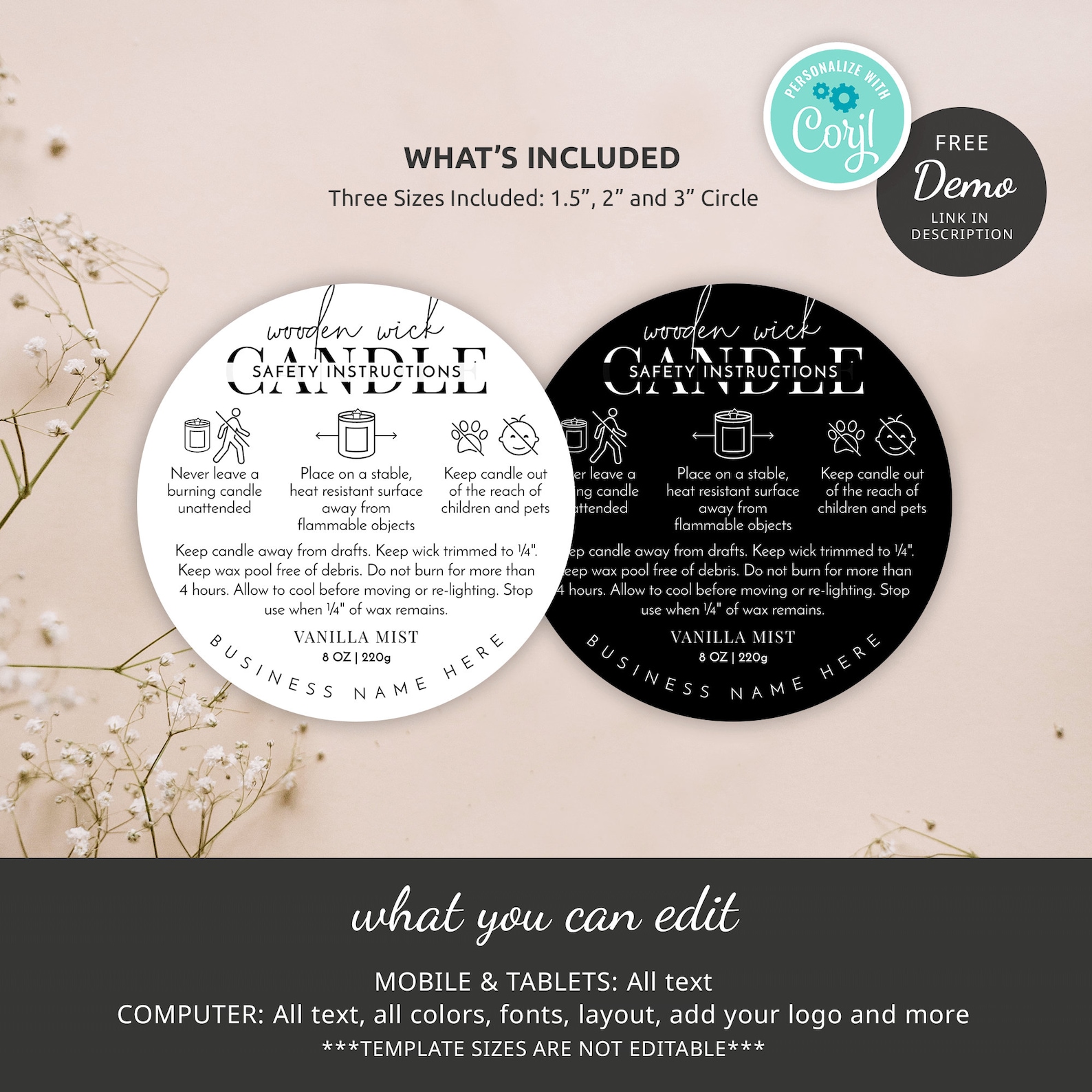 Wooden Wick Candle Warning Label Template, Printable Candle Jar Safety ...
