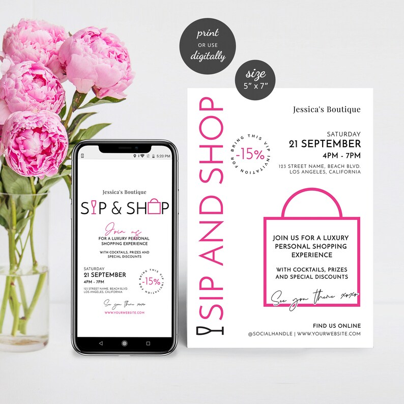 Sip and Shop Invite Template, Editable Boutique Launch Event Invitation ...