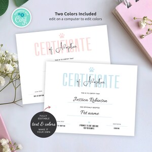 Pet Adoption Certificate Template, Custom Cat & Dog Shelter Certificate ...