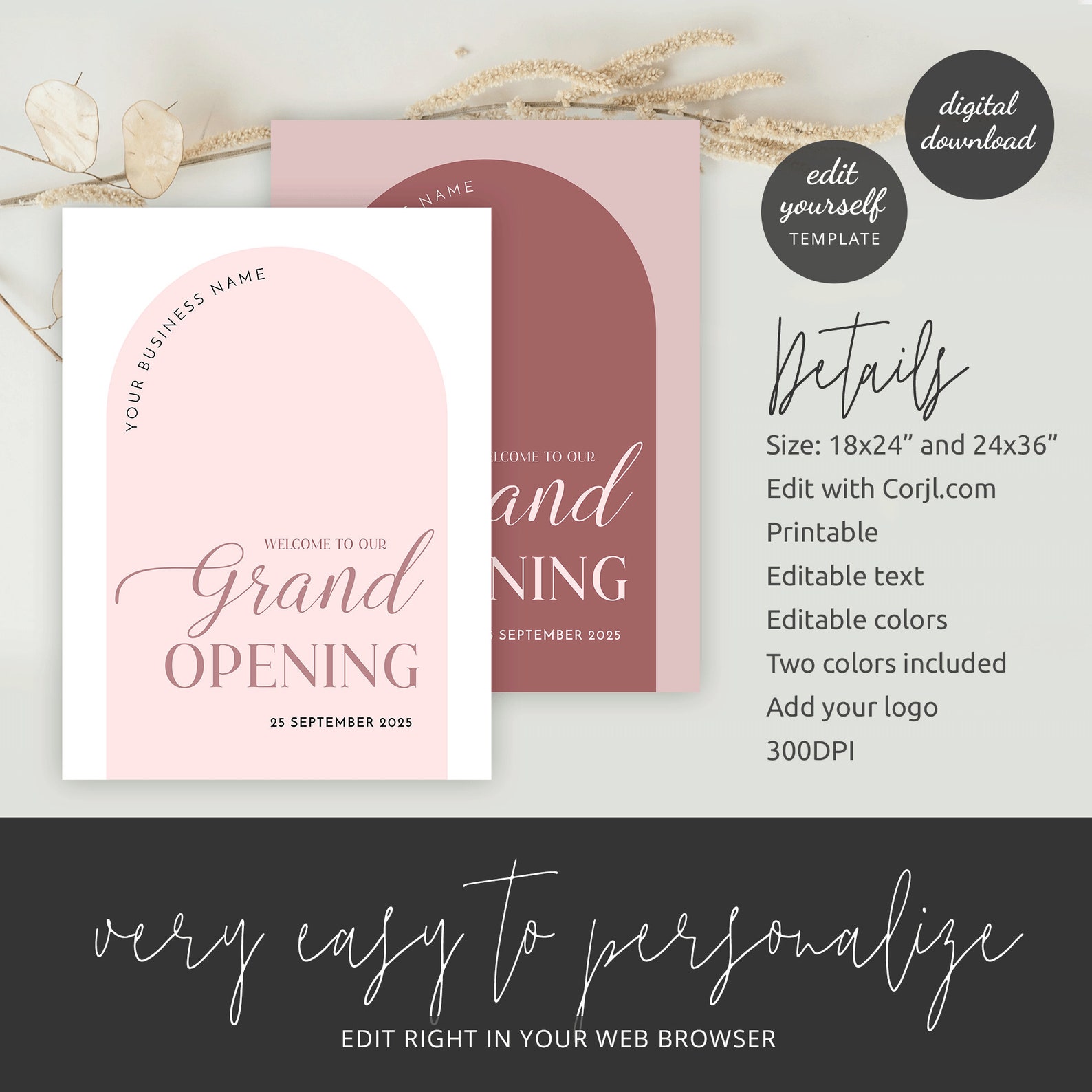 Boho Grand Opening Sign Template, Elegant Pink Terracotta Arch, Launch ...