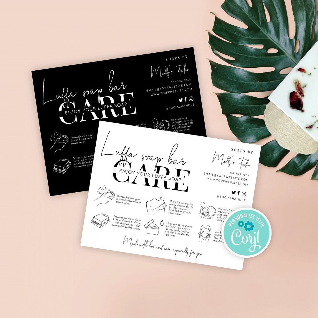 Luffa Soap Bar Care Guide Template, Editable Soap Loofah Care Cards ...