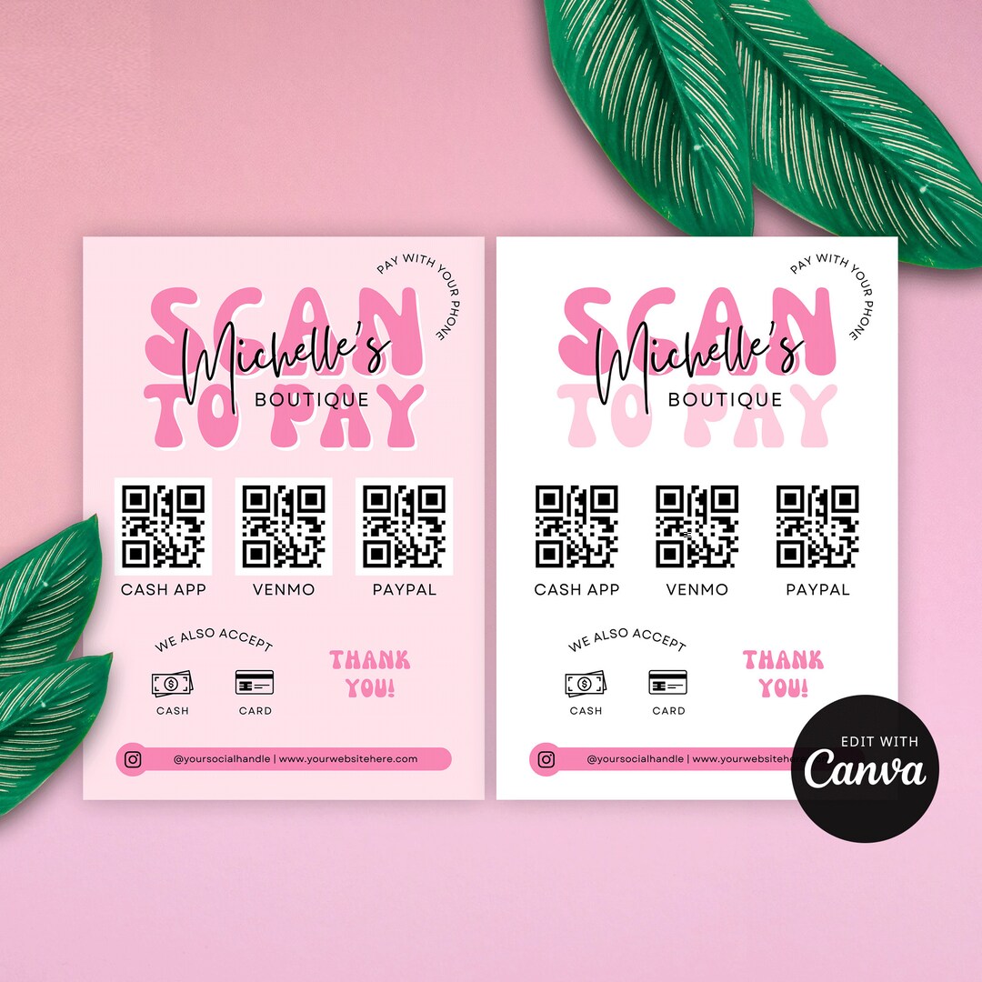 Scan to Pay QR Code Sign Canva Template, Retro Pink Design, Scannable ...