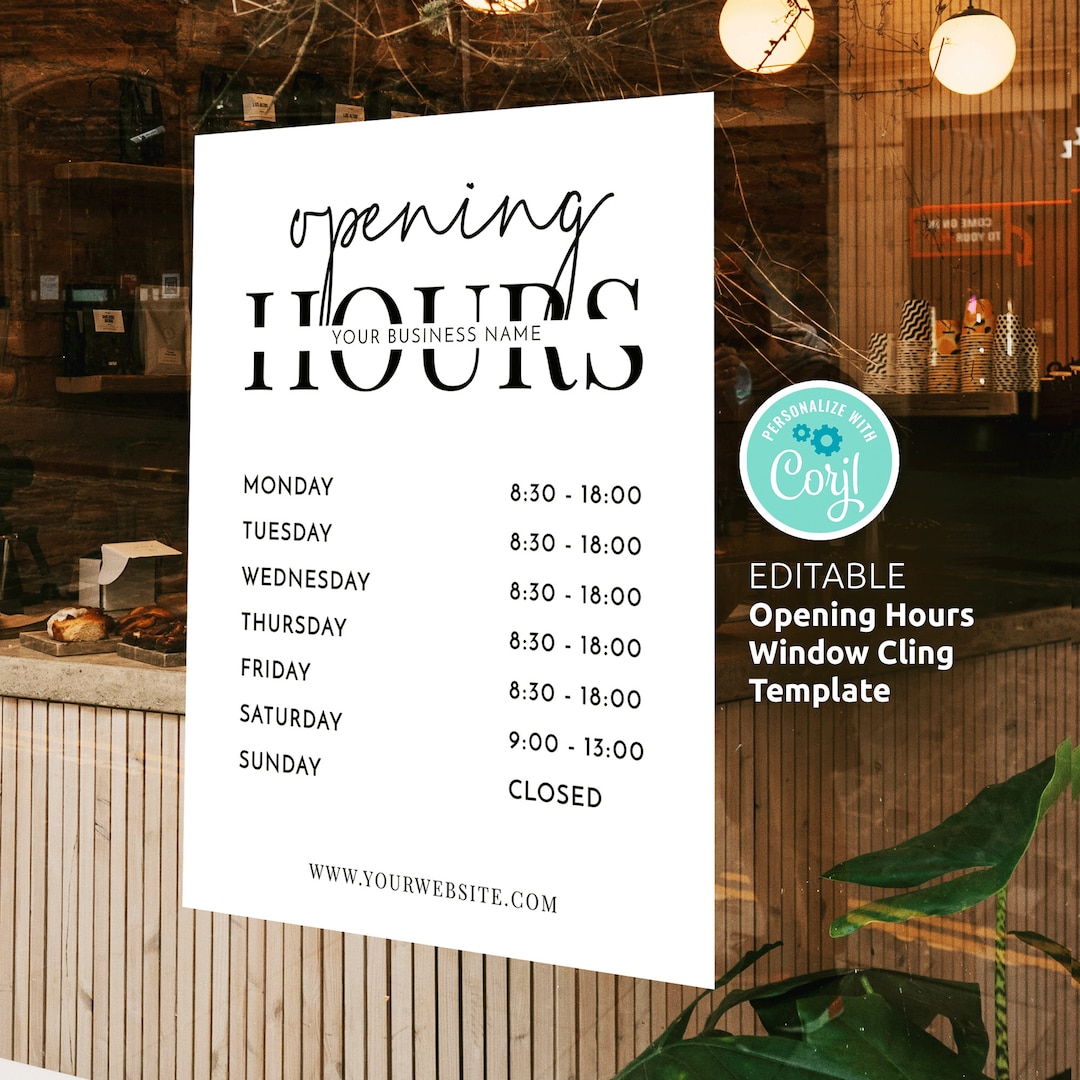 Business Opening Hours Template, Customizable Shop Window Cling ...