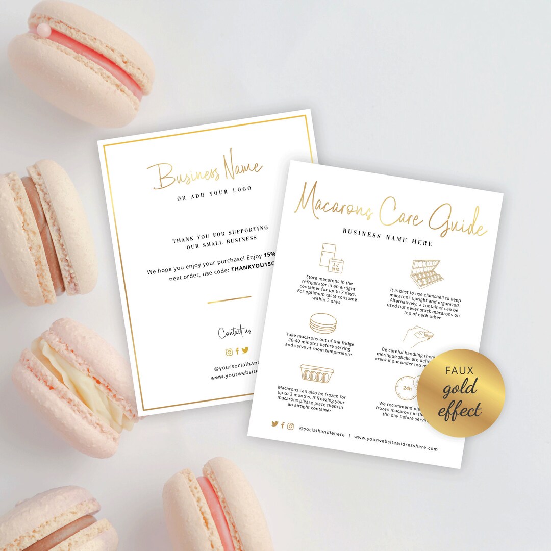 Editable Macarons Care Card, Faux Gold Macaron Care Guide Template ...