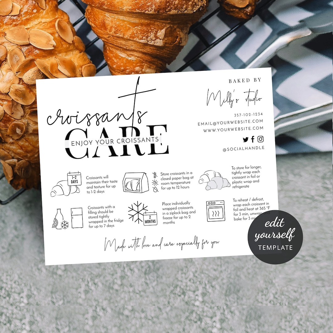 Minimalist Croissants Care Card Template, Custom Pastry Storage ...