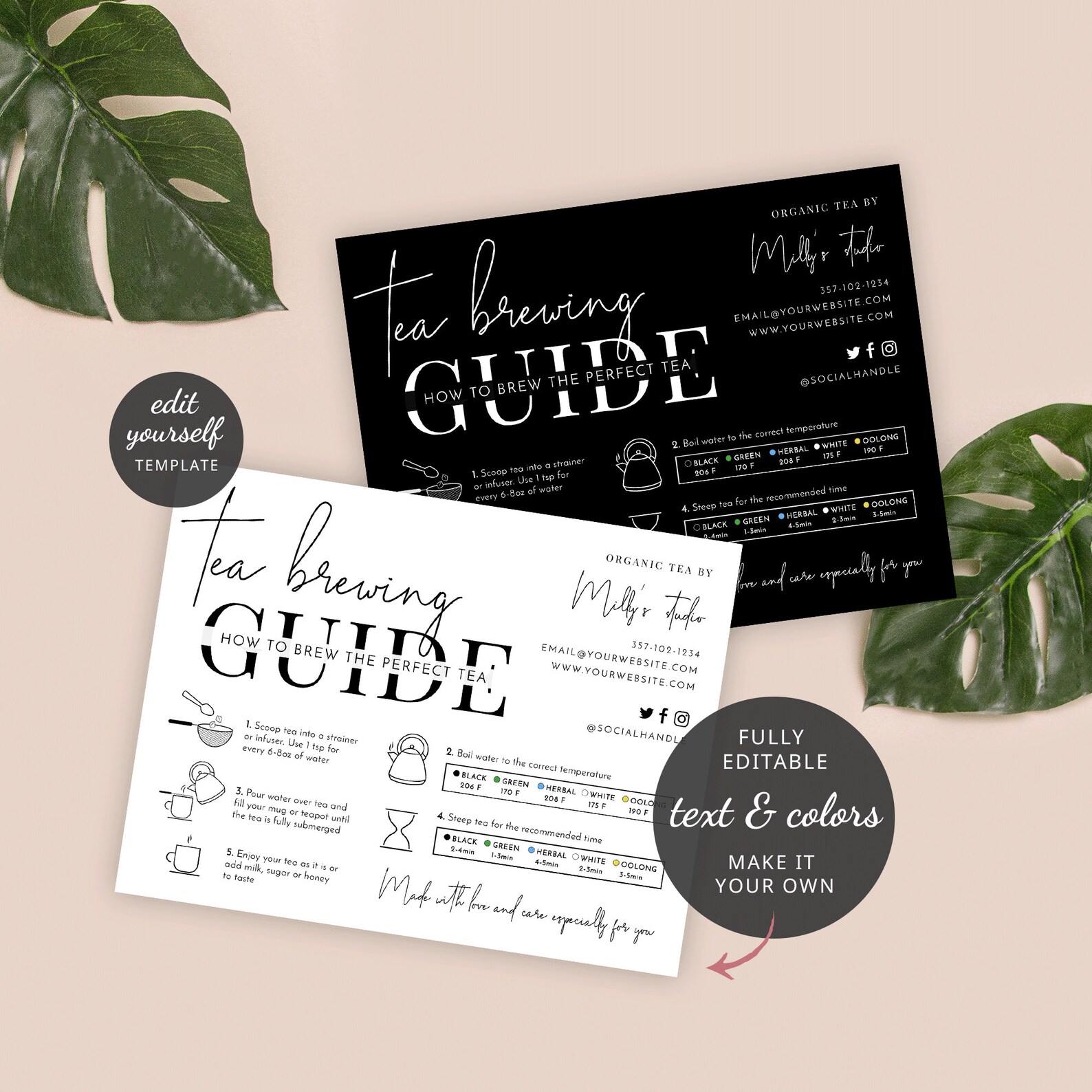 Editable Tea Brewing Guide, Loose Tea Steeping Instructions Template ...