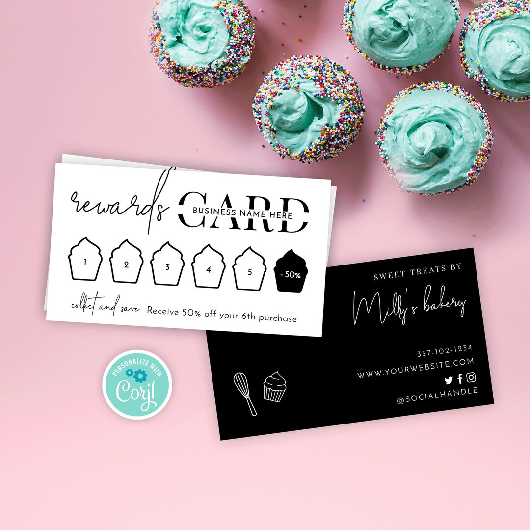 Cupcake Loyalty Card Template, Bakery Stamp Cards, Minimalist Coffee ...