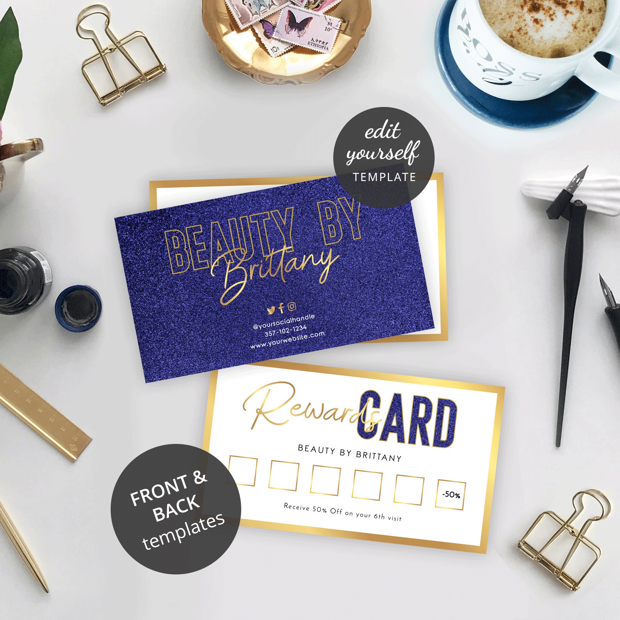 Blue & Gold Loyalty Card Template Printable PMU Rewards Card - Etsy