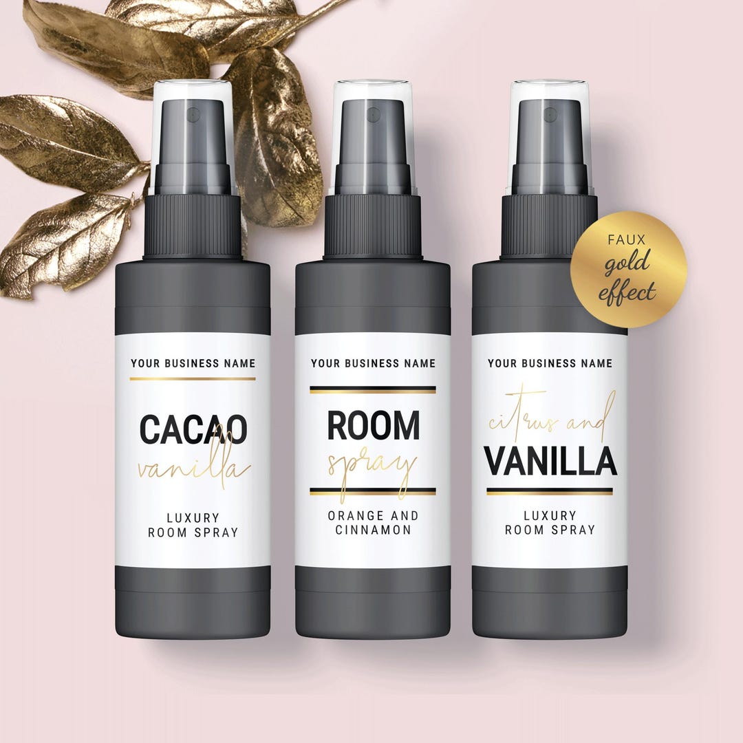 Room Spray Bottle Label Template, Black & Gold, Custom 1 Oz, 2 Oz, 4 Oz ...