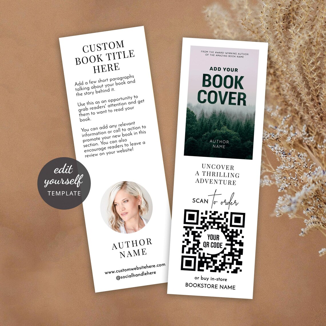 Author Bookmark Template, Custom Book Cover Bookmark, Minimalist Design ...