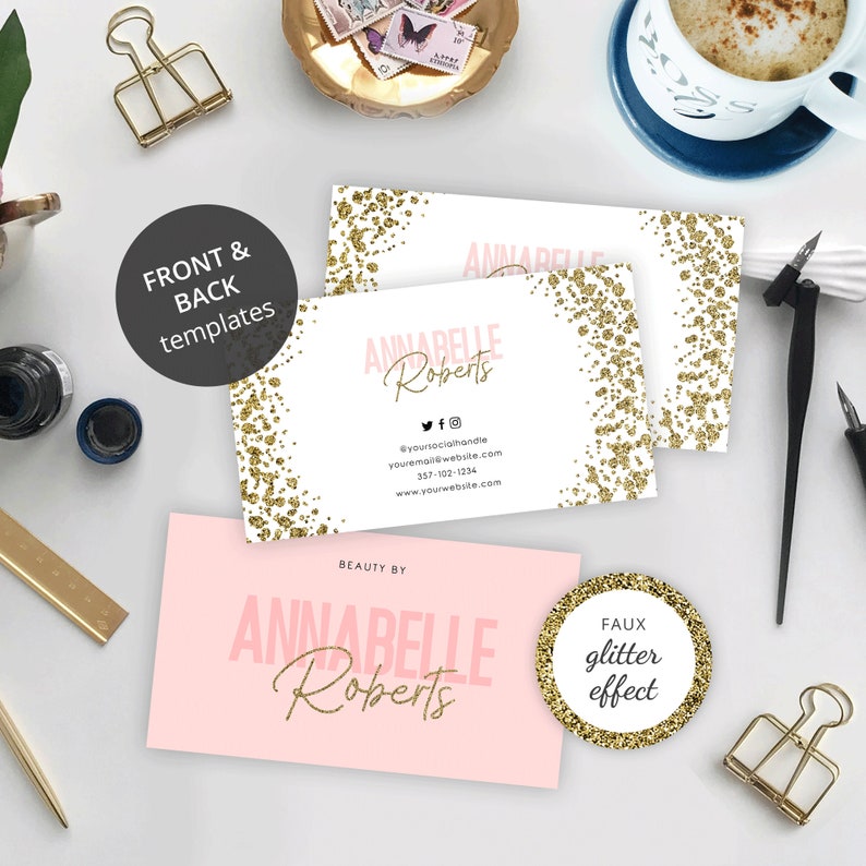 Gold Glitter & Pink Business Card Template Customizable Girly - Etsy