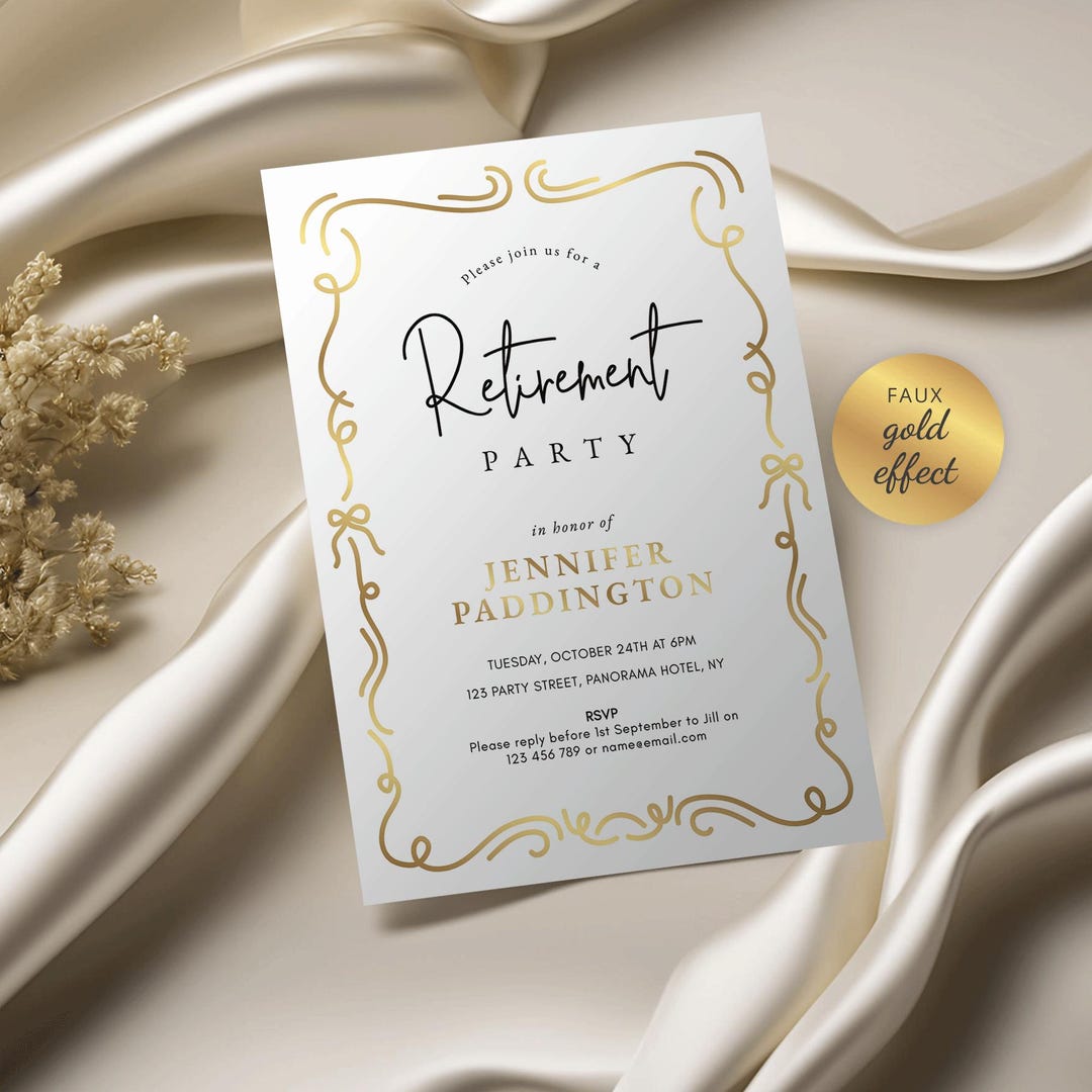 Custom Retirement Party Invitation Template, Faux Gold Foil Farewell ...