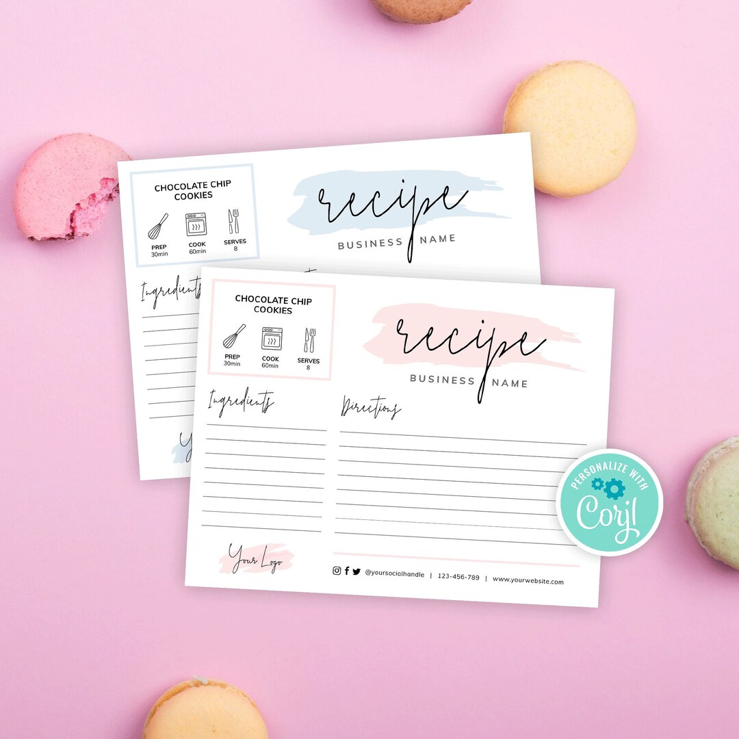 Editable Recipe Card Template, Printable Baker Recipe Note, Watercolor ...