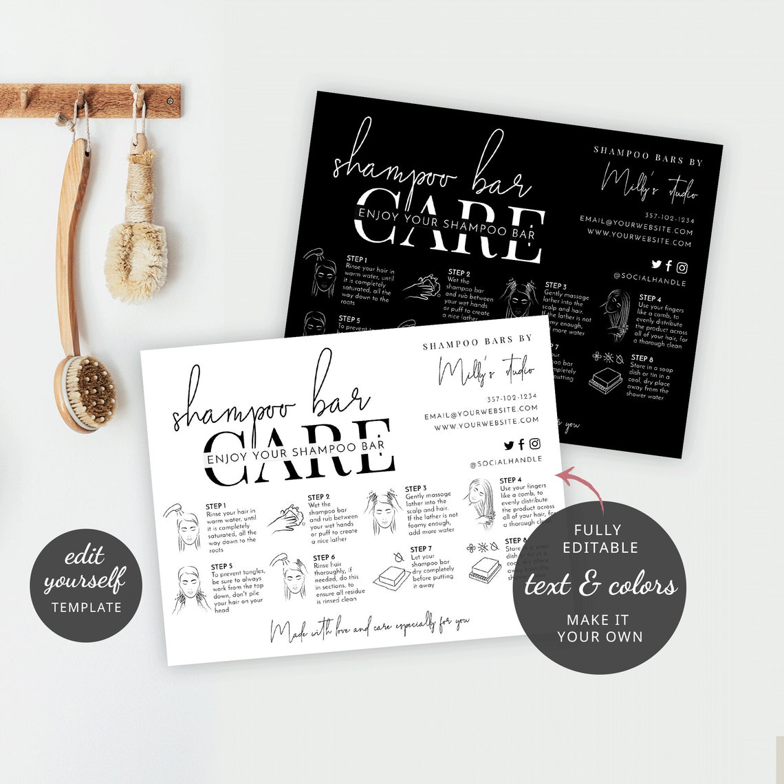 Shampoo Bar Application Guide Template, Editable Solid Shampoo Care ...