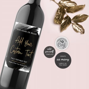 Custom Wine Bottle Label Template, Black & Gold Bottle Sticker Design, Editable and Printable ...