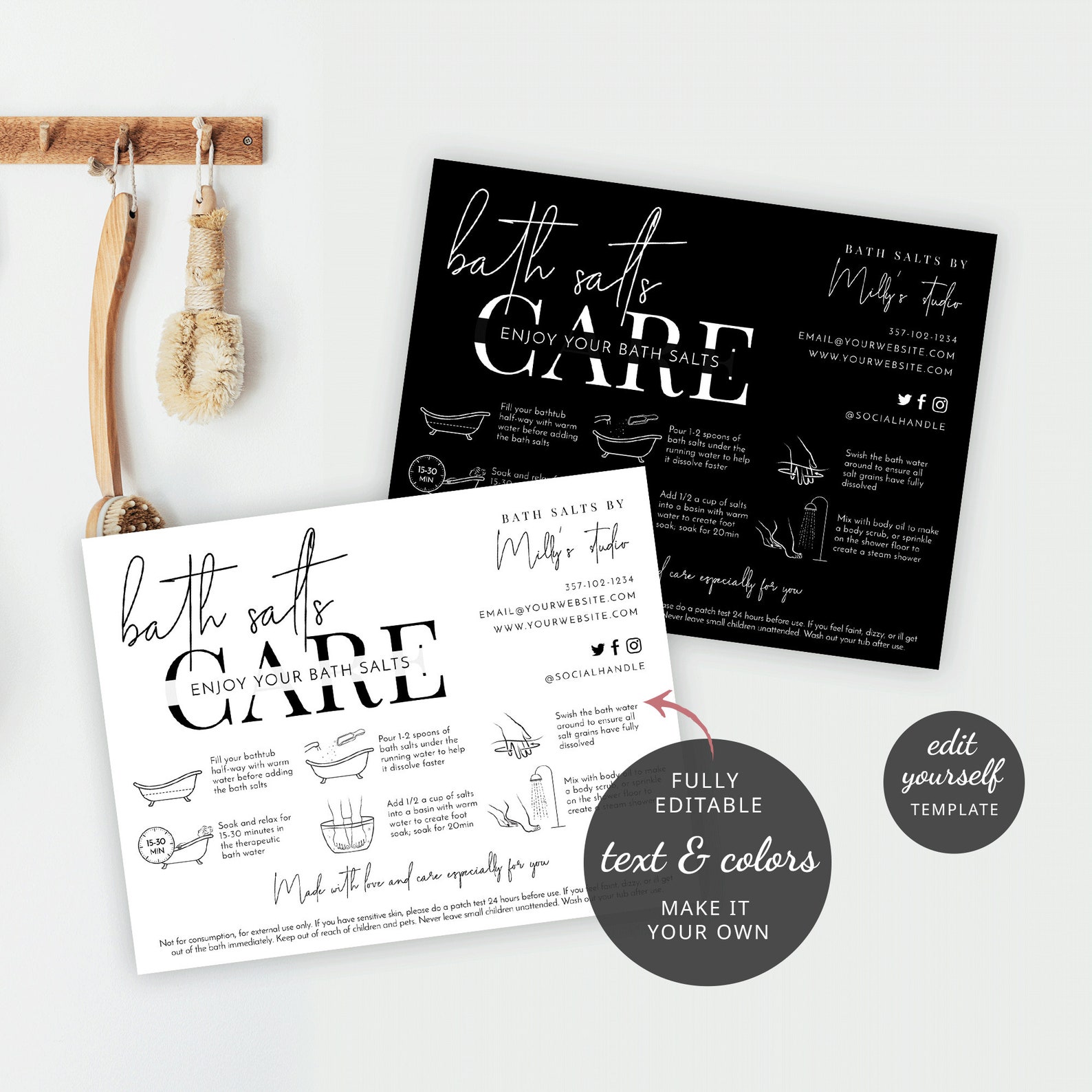 Minimalist Bath Salts Care Card Template, Editable Bath Soak Care Guide ...