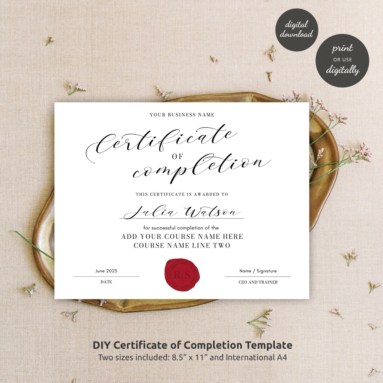 Elegant Completion Certificate Template With Calligraphy Font - Etsy