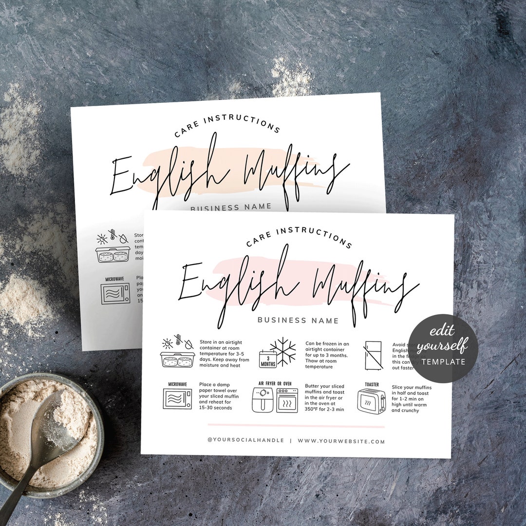 English Muffins Care Card Template, Feminine Watercolor, Custom ...