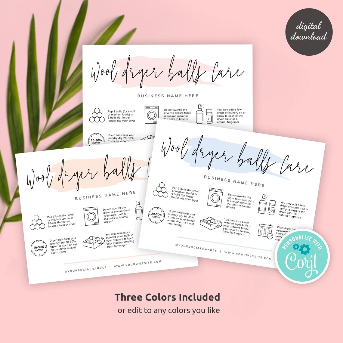 Wool Dryer Balls Care Card Template, Editable Laundry Balls Care Guide ...