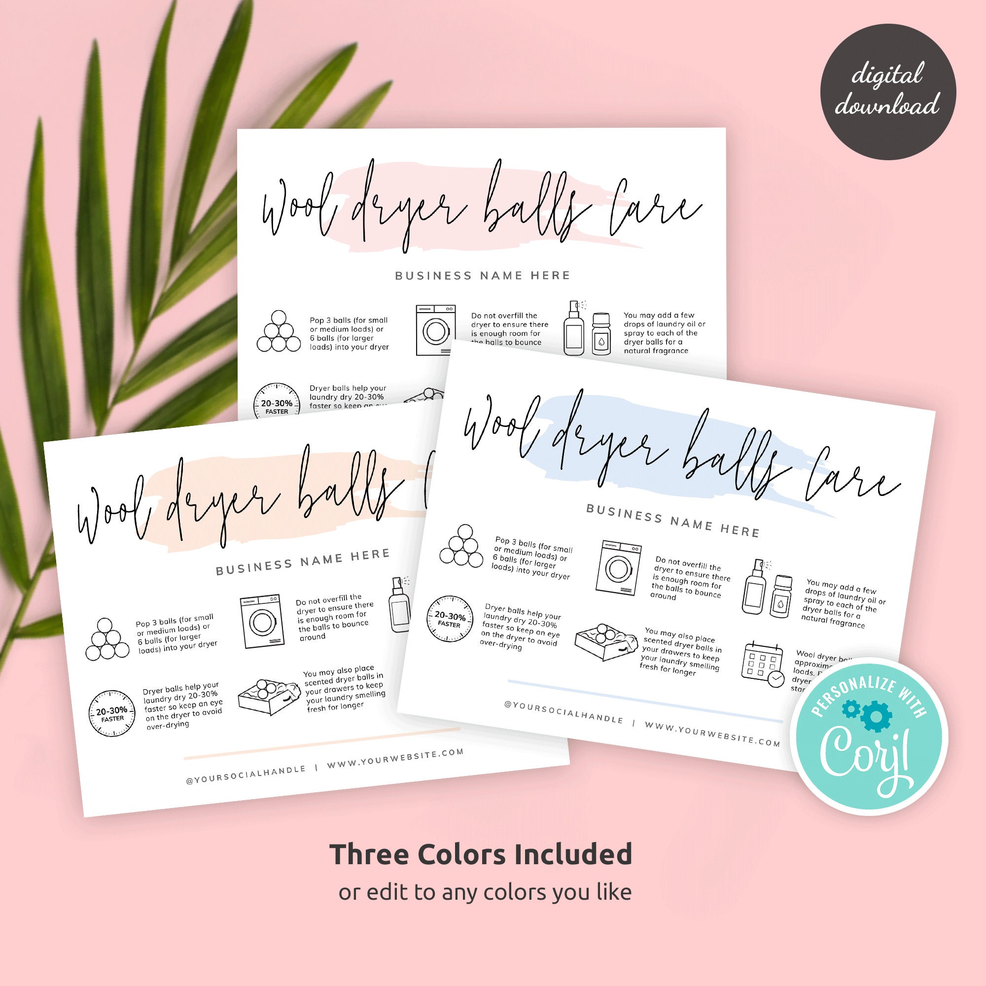 Wool Dryer Balls Care Card Template, Editable Laundry Balls Care Guide ...