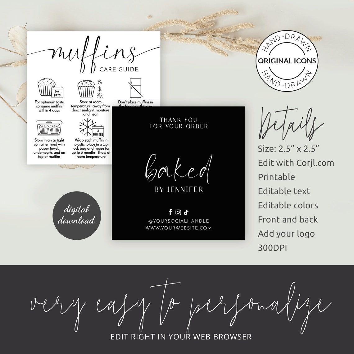Muffins Care Card Template, Custom Storage & Reheating Instructions for ...
