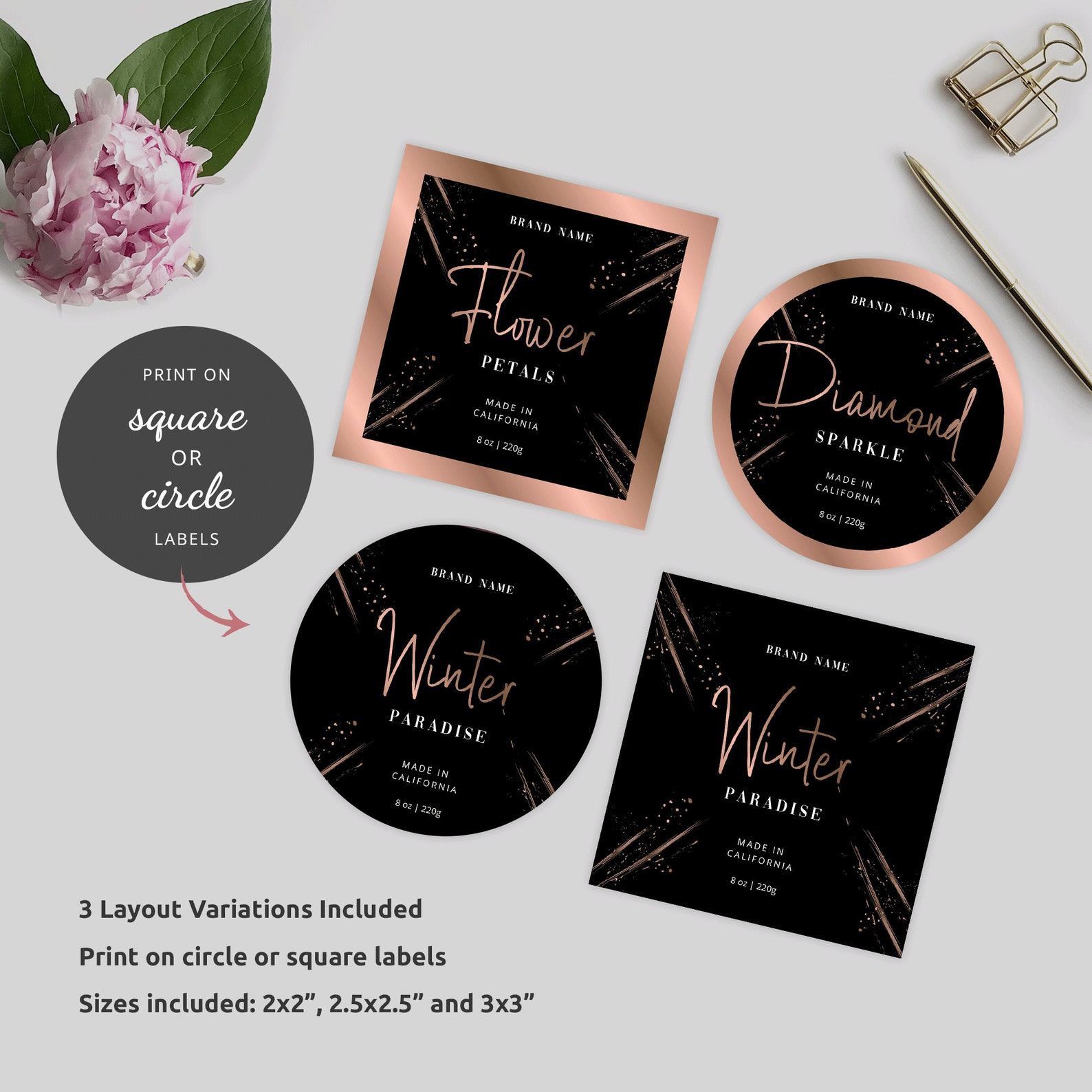 Rose Gold Effect Labels Template Editable Circle and Square | Etsy