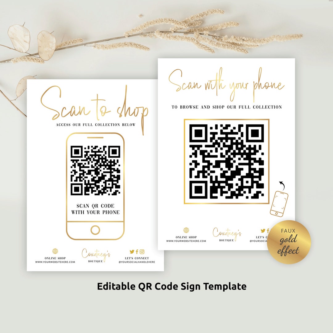 Custom QR Code Board Template, White & Gold QR Scan Sign Design, 5x7 ...