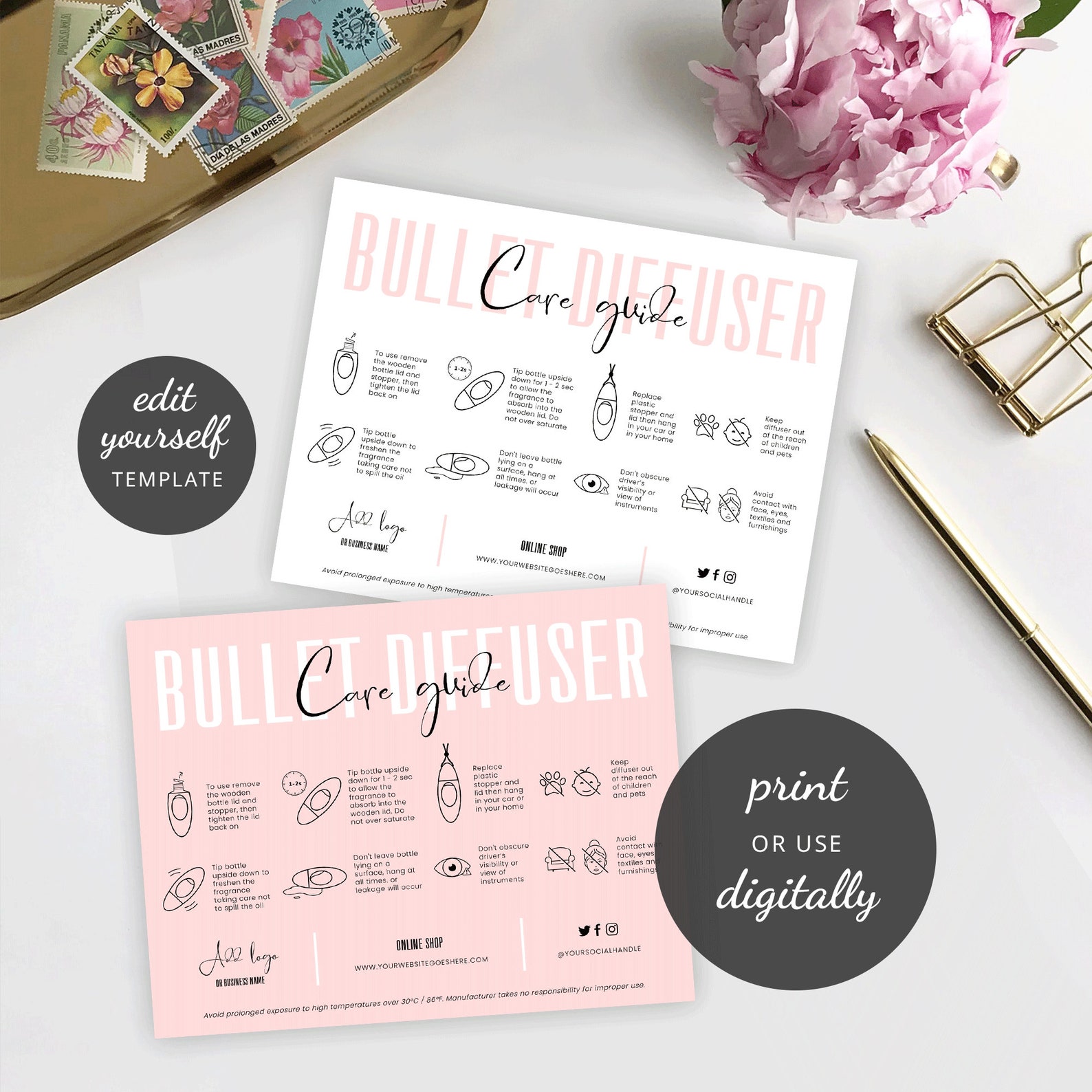 Bullet Diffuser Care Card Template, Editable Hanging Diffuser Care ...