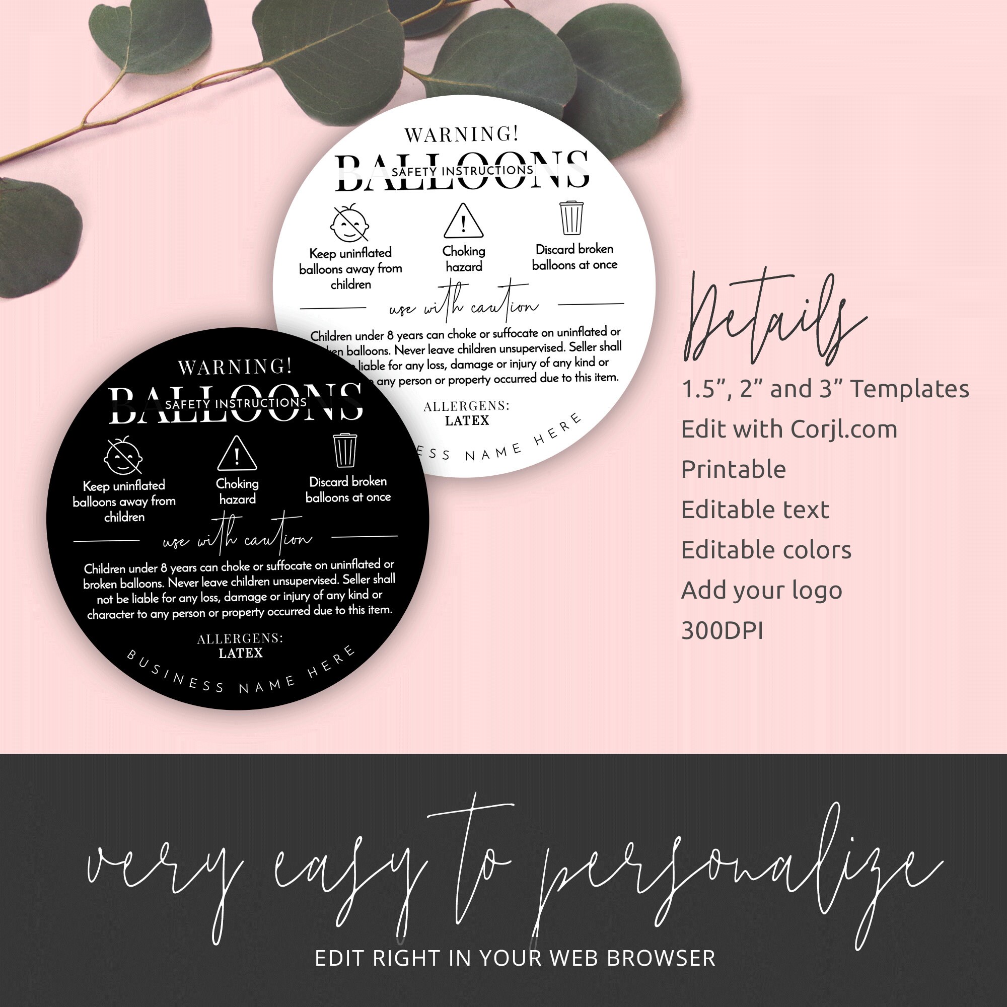 Balloons Warning Label Template Editable Choking Hazard - Etsy