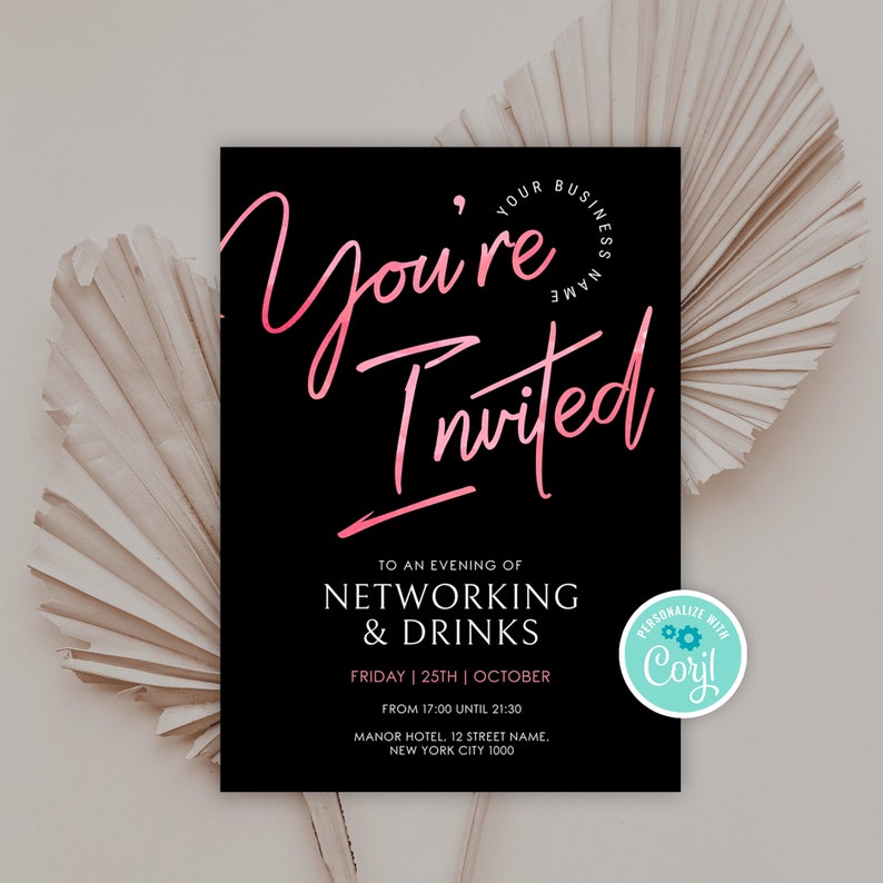 Business Networking Invitation Template, Feminine Pink and Black ...